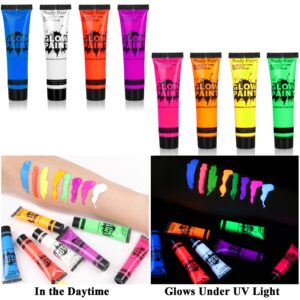 UV Blacklight Neon Face and Body Paint, 8 Tubes 0.84oz Glow in the Dark Body Paints, Neon Fluorescent Glow in Dark Party Supplies