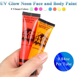 UV Blacklight Neon Face and Body Paint, 8 Tubes 0.84oz Glow in the Dark Body Paints, Neon Fluorescent Glow in Dark Party Supplies