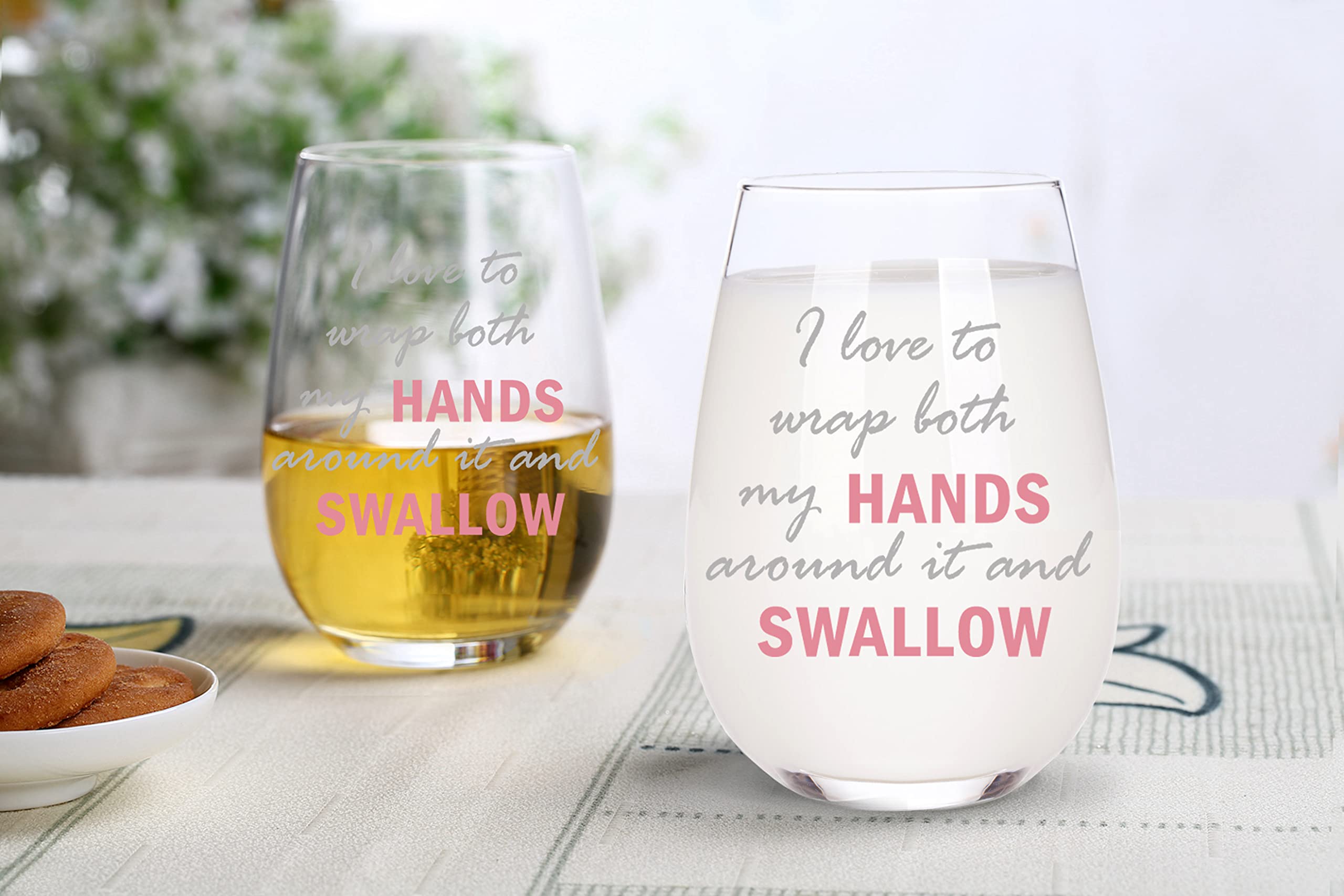 Mokoart I Love to Wrap Both My HANDS Around It and SWALLOW Funny Wine Glass for Women, Gag Gifts for Adults, Friends, Her, BBF for Bachelorette Parties Decorations, Birthday Gift Idea for Her, 17 oz