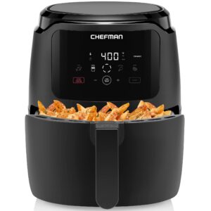 chefman digital air fryer, large 5 qt family size, one touch digital control presets, french fries, chicken, meat, fish, nonstick dishwasher-safe parts, automatic shutoff, black