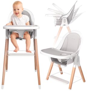 children of design 6 in 1 deluxe wooden high chair for babies & toddlers, modern safe & compact baby highchair, easy to clean & assemble removable tray & cushion, 6 options 3 seat positions 2 heights