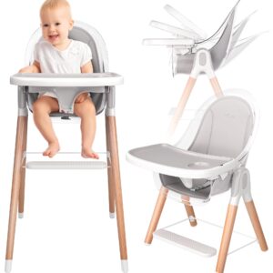 Children of Design 6 in 1 Deluxe Wooden High Chair for Babies & Toddlers, Modern Safe & Compact Baby Highchair, Easy to Clean & Assemble Removable Tray & Cushion, 6 Options 3 Seat Positions 2 Heights