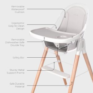 Children of Design 6 in 1 Deluxe Wooden High Chair for Babies & Toddlers, Modern Safe & Compact Baby Highchair, Easy to Clean & Assemble Removable Tray & Cushion, 6 Options 3 Seat Positions 2 Heights