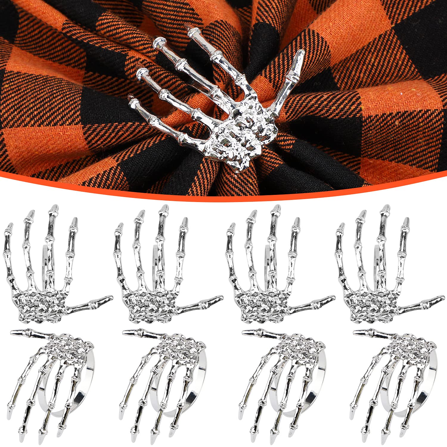 Halloween Napkin Rings Decoration 8 Pcs, Metal Rings Holders for Home Birthday Party Dinner Table Favors Supplies Halloween Bar Dinning Costume Decor (Silver Skeleton Claw)