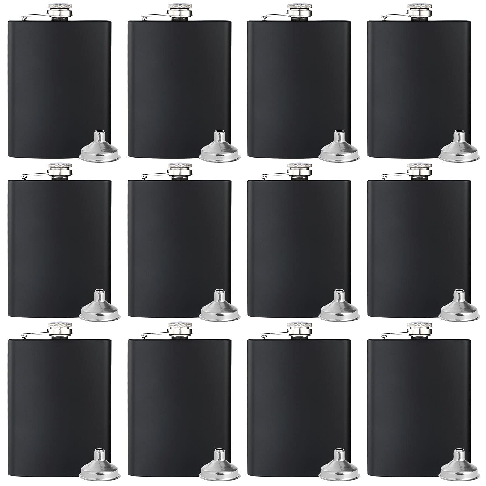 Hip Flasks for Liquor for Men Women 12 pcs Black 8OZ Hip Flask with Silver lid with 12 pcs Funnel for Wedding Party Groomsman Bridesmaid Birthdays Gift