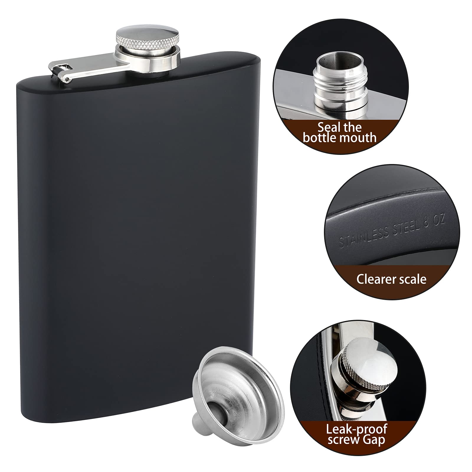 Hip Flasks for Liquor for Men Women 12 pcs Black 8OZ Hip Flask with Silver lid with 12 pcs Funnel for Wedding Party Groomsman Bridesmaid Birthdays Gift