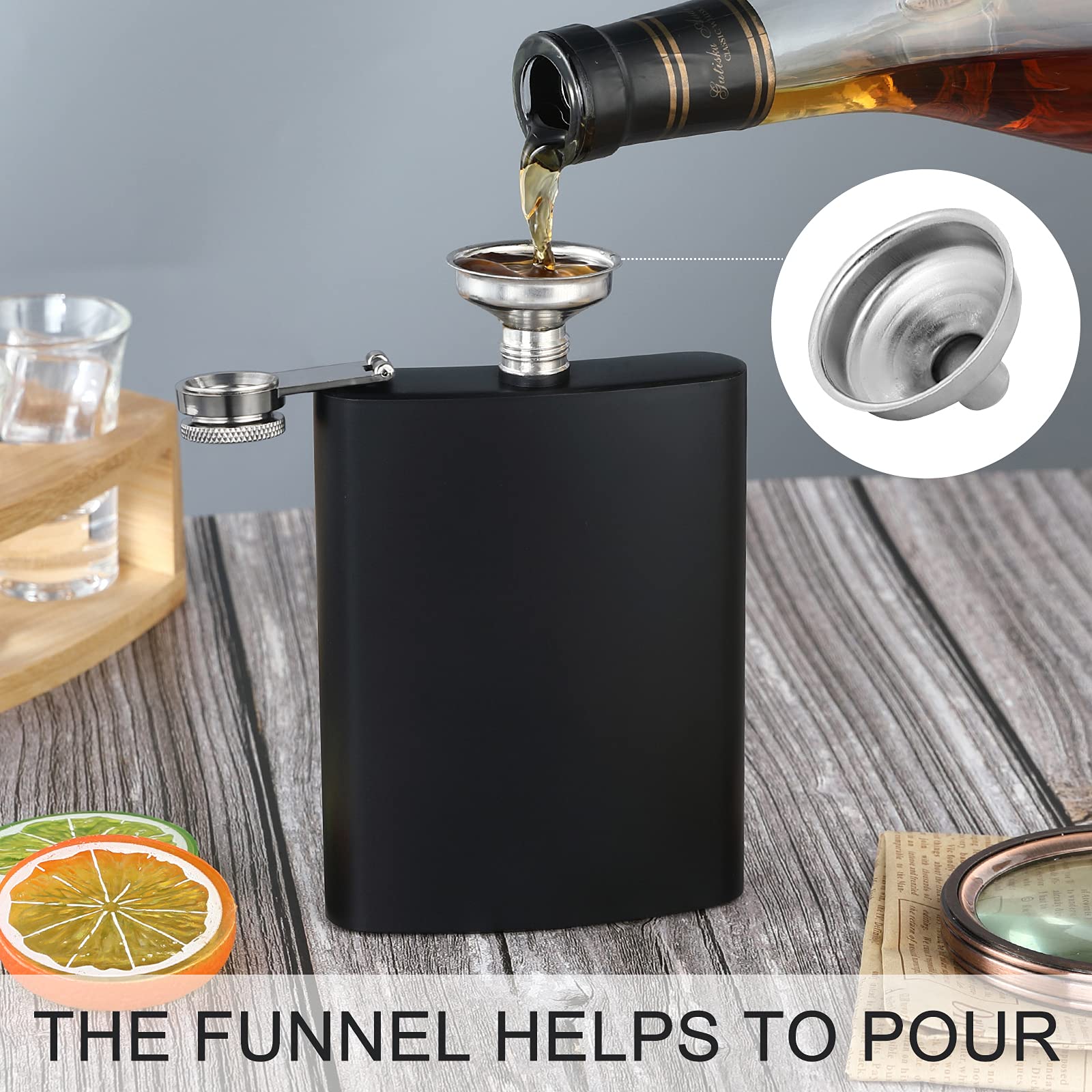 Hip Flasks for Liquor for Men Women 12 pcs Black 8OZ Hip Flask with Silver lid with 12 pcs Funnel for Wedding Party Groomsman Bridesmaid Birthdays Gift