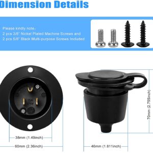 WAWETA 15 Amp Flanged Inlet 125V, Shore Power Inlet with Waterproof Cover, NEMA 5-15 AC Port Plug 2 Pole 3-Wire Generator Male Receptacle for Marine Boat RV Shed Electrical Extension