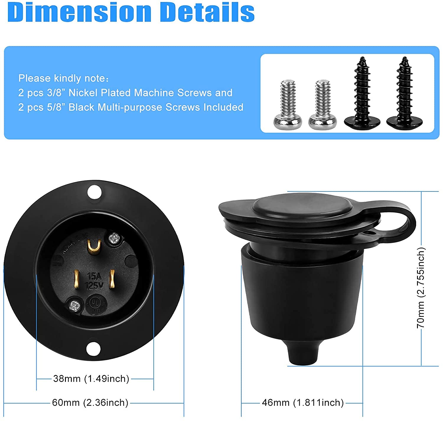 WAWETA 15 Amp Flanged Inlet 125V, Shore Power Inlet with Waterproof Cover, NEMA 5-15 AC Port Plug 2 Pole 3-Wire Generator Male Receptacle for Marine Boat RV Shed Electrical Extension