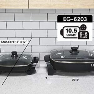 Elite Gourmet EG6203 Extra Deep 16"x13"x3.2" (10.5Qt.), Pour Spout, Dishwasher Safe, Marbled Non-stick Electric Skillet with Vented Glass Lid, Adjustable Temperature, Black