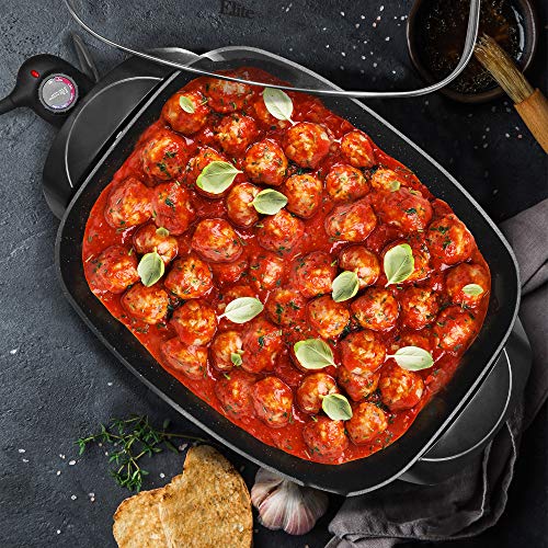 Elite Gourmet EG6203 Extra Deep 16"x13"x3.2" (10.5Qt.), Pour Spout, Dishwasher Safe, Marbled Non-stick Electric Skillet with Vented Glass Lid, Adjustable Temperature, Black