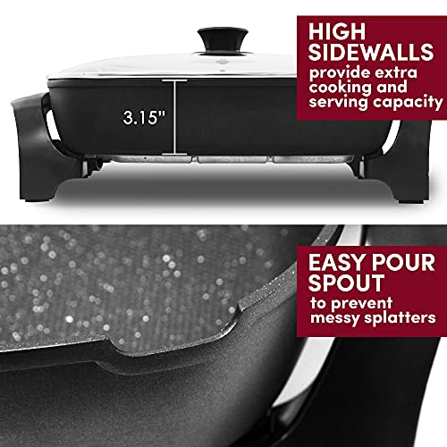 Elite Gourmet EG6203 Extra Deep 16"x13"x3.2" (10.5Qt.), Pour Spout, Dishwasher Safe, Marbled Non-stick Electric Skillet with Vented Glass Lid, Adjustable Temperature, Black