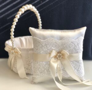 flower girl basket ivory ring bearer pillow, flower girl gift, wedding ring pillow ivory wedding pillow, flower girl set, flower basket (white, 1 pillow + 1 basket)