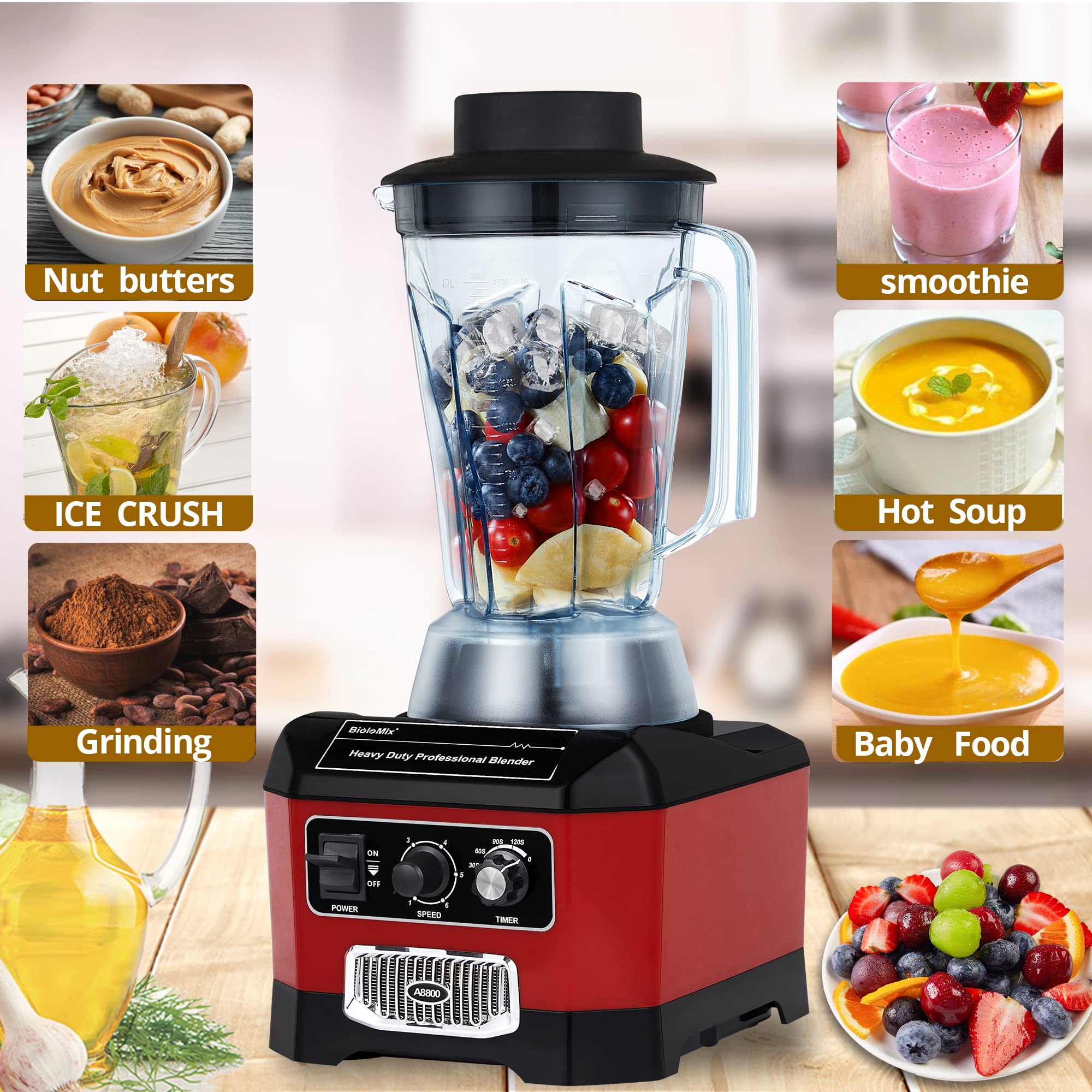 BioloMix Heavy Duty Commercial Blender,2200W 60Oz Professional Kitchen Blender for Smoothies,Shakes,Ice and Frozen Fruit,Optional Dry Grains Container