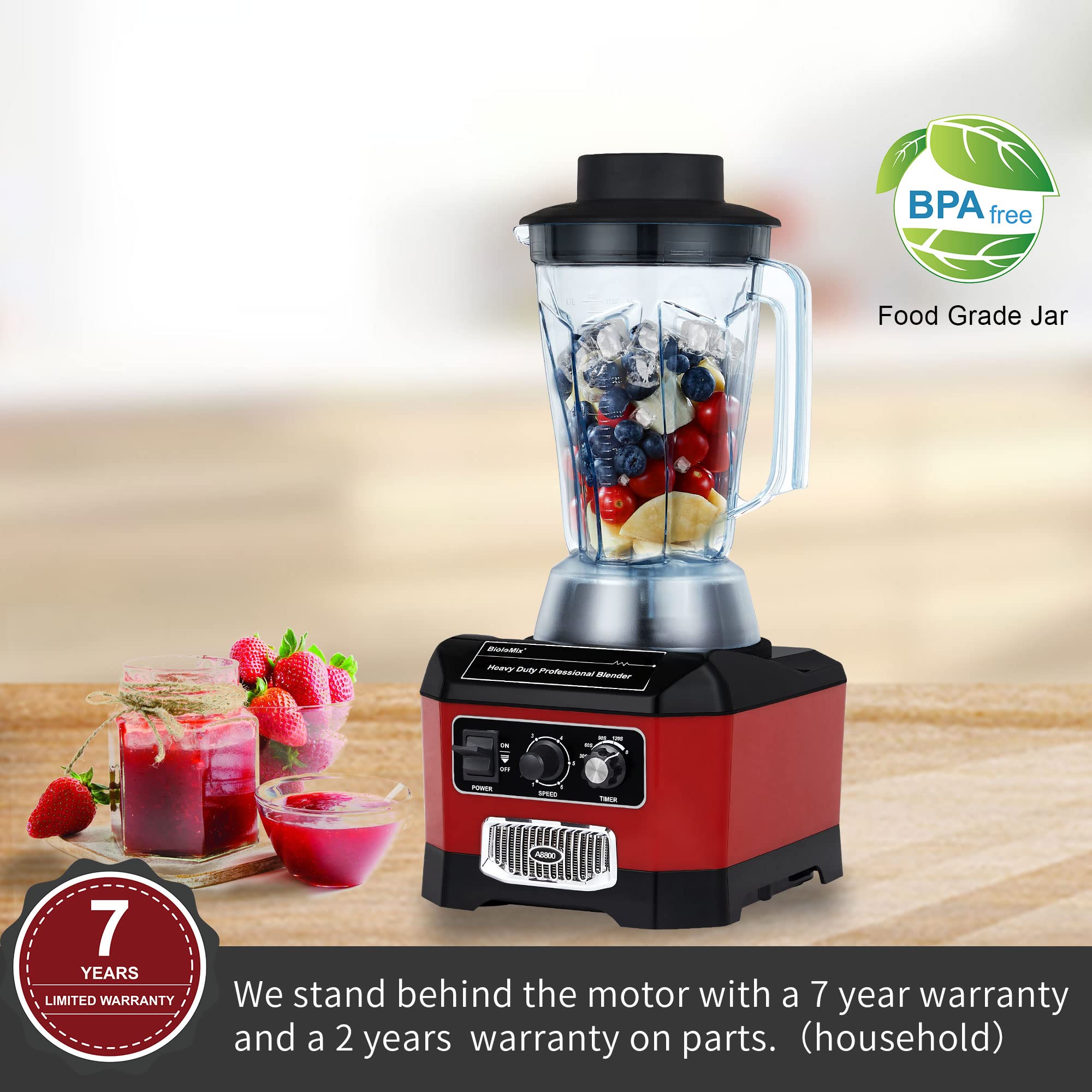 BioloMix Heavy Duty Commercial Blender,2200W 60Oz Professional Kitchen Blender for Smoothies,Shakes,Ice and Frozen Fruit,Optional Dry Grains Container