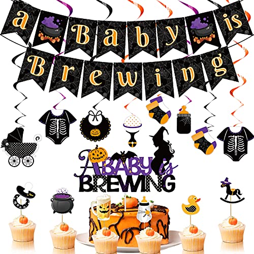 Halloween Baby Shower Party Decorations a Baby is Brewing Banner Baby Gender Reveal Decorations Halloween Hanging Swirls Baby Shower Cake Cupcake Toppers for Indoor Outdoor Halloween Party Favors