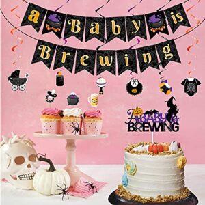 Halloween Baby Shower Party Decorations a Baby is Brewing Banner Baby Gender Reveal Decorations Halloween Hanging Swirls Baby Shower Cake Cupcake Toppers for Indoor Outdoor Halloween Party Favors