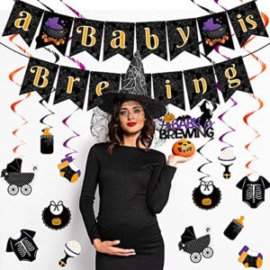 Halloween Baby Shower Party Decorations a Baby is Brewing Banner Baby Gender Reveal Decorations Halloween Hanging Swirls Baby Shower Cake Cupcake Toppers for Indoor Outdoor Halloween Party Favors