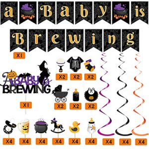 Halloween Baby Shower Party Decorations a Baby is Brewing Banner Baby Gender Reveal Decorations Halloween Hanging Swirls Baby Shower Cake Cupcake Toppers for Indoor Outdoor Halloween Party Favors