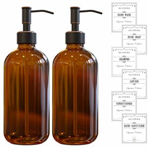 sunrise premium 2 pack amber glass soap dispenser 16 oz with oil rubbed bronze stainless steel pump, hand and dish soap dispenser set for bathroom and kitchen sink with 6 waterproof labels