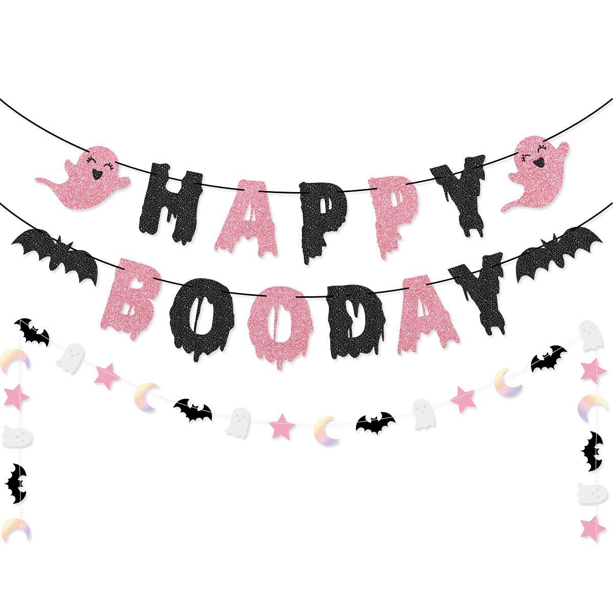 Pink Black Happy Boo Day Banner Garland for Pink and Black Girl Halloween Birthday Party Decorations