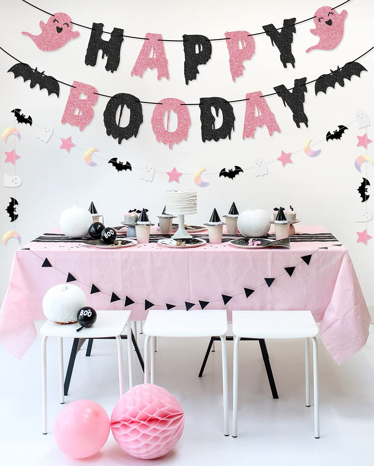 Pink Black Happy Boo Day Banner Garland for Pink and Black Girl Halloween Birthday Party Decorations