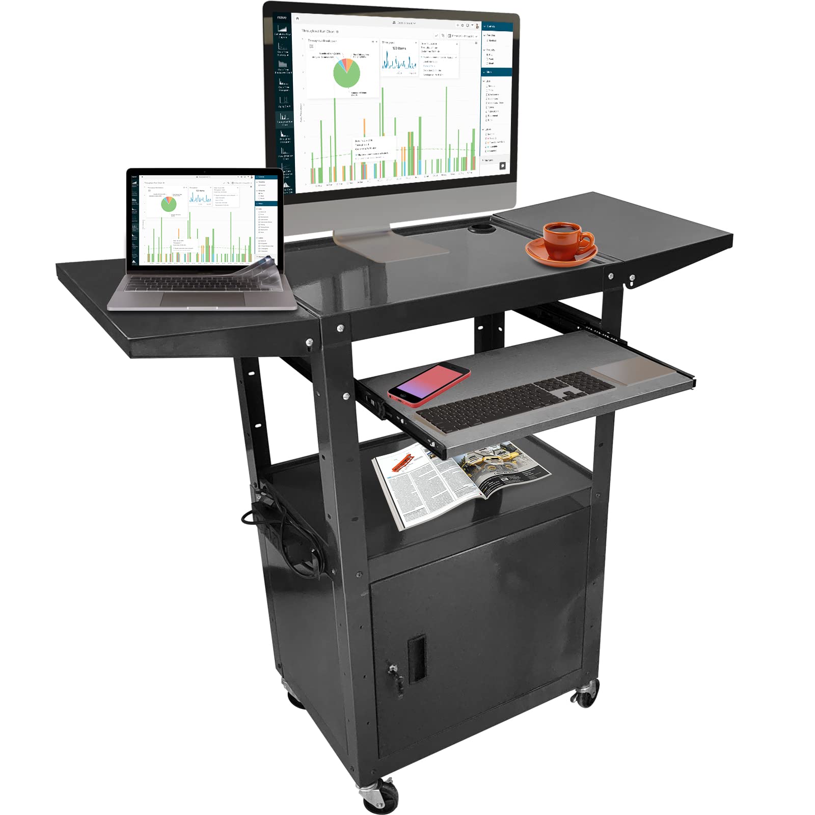 AV cart with locking cabinet and keyboard tray Height Adjustable Utility Cart with Extra Storage,Computer Cart with Wheels and Power Strip for Presentations Office Holds 300 lbs(Black/43”x18”x43”)