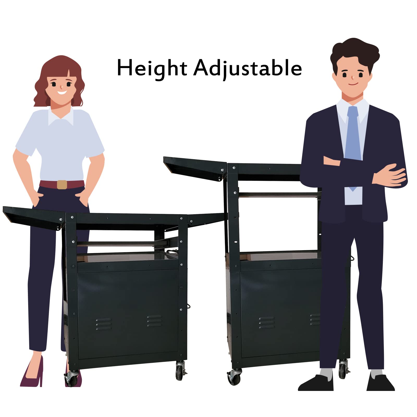 AV cart with locking cabinet and keyboard tray Height Adjustable Utility Cart with Extra Storage,Computer Cart with Wheels and Power Strip for Presentations Office Holds 300 lbs(Black/43”x18”x43”)