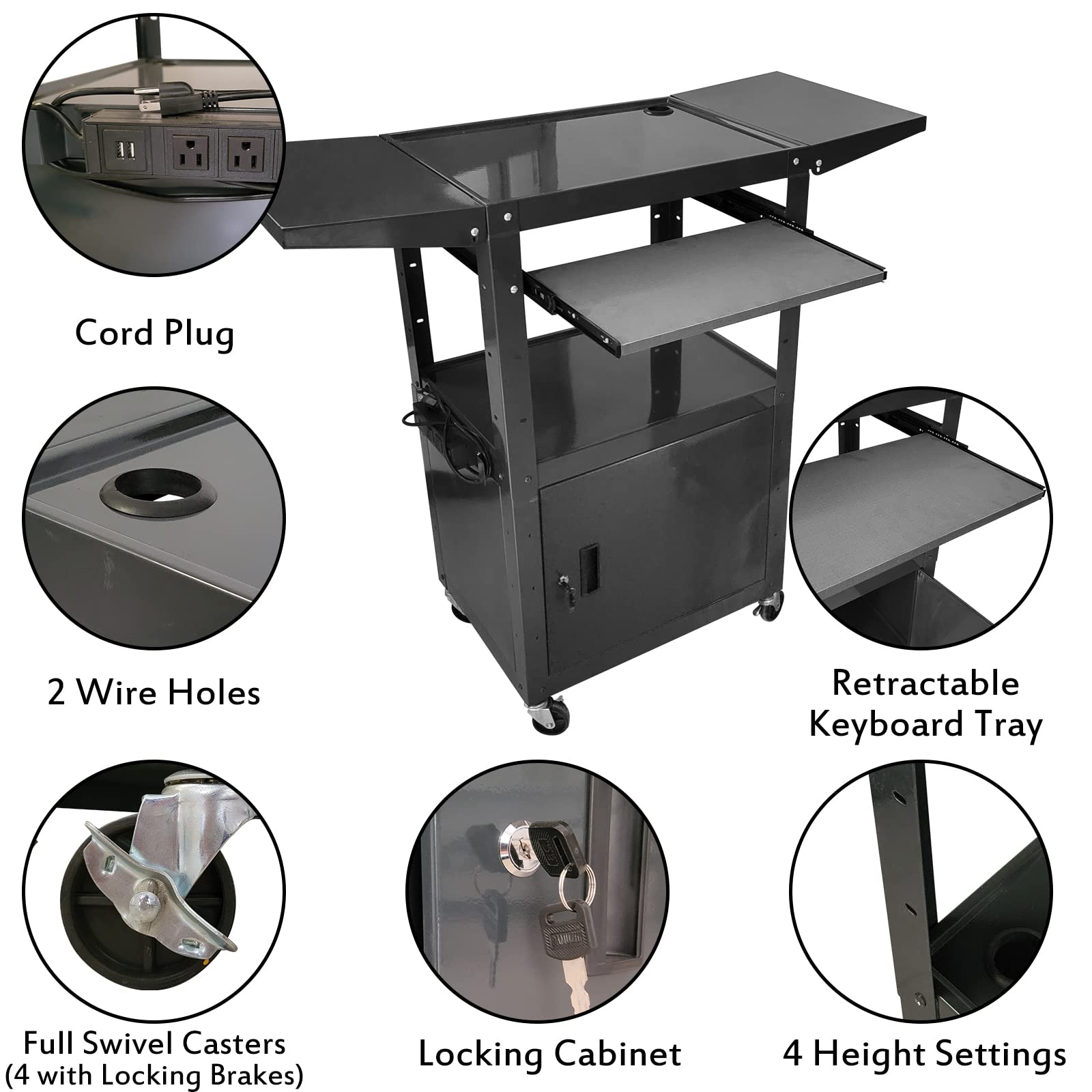 AV cart with locking cabinet and keyboard tray Height Adjustable Utility Cart with Extra Storage,Computer Cart with Wheels and Power Strip for Presentations Office Holds 300 lbs(Black/43”x18”x43”)