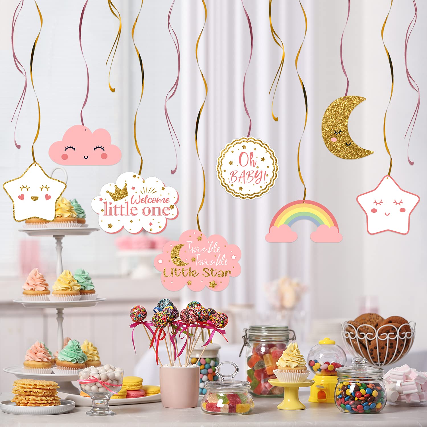 LINGTEER Twinkle Twinkle Little Star Swirls Streamers - Cheers to Baby Shower Birthday Party Hanging Decorations - Girl.