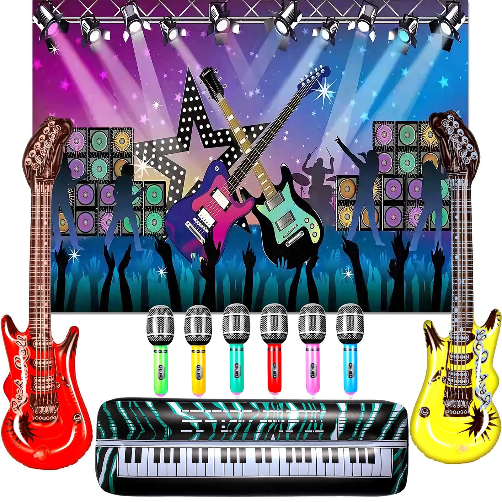 Inflatable Rock Star Toy Set 80s 90s Party Decorations Blow up Party Props Musical Instrument Include Inflatable Backdrop Banner, Microphone, Guitar, Bass and Keyboard for Rock Party Favor