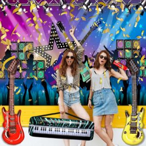 Inflatable Rock Star Toy Set 80s 90s Party Decorations Blow up Party Props Musical Instrument Include Inflatable Backdrop Banner, Microphone, Guitar, Bass and Keyboard for Rock Party Favor