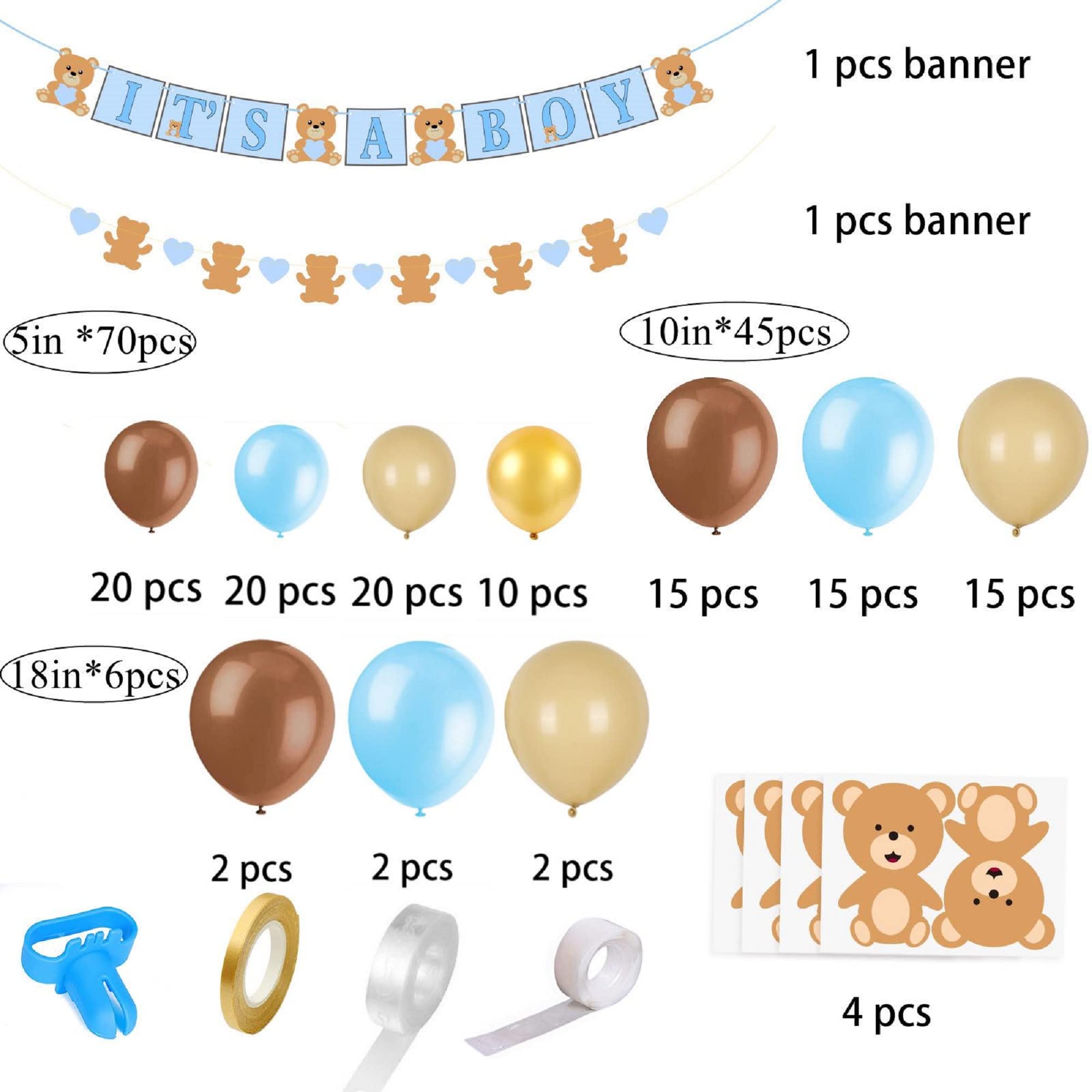 Teddy Bear Baby Shower Decorations For Boy- Bear themed 121pcs Brown Blue Balloon Garland Arch Kit, It’s A Boy Banner, Teddy Bear Stickers, Coffee Boho Balloon Arch, Gender Reveal