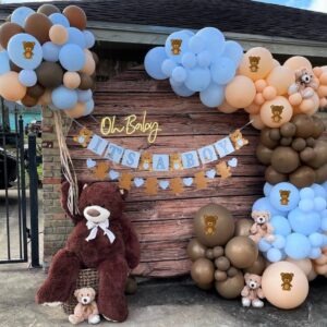 Teddy Bear Baby Shower Decorations For Boy- Bear themed 121pcs Brown Blue Balloon Garland Arch Kit, It’s A Boy Banner, Teddy Bear Stickers, Coffee Boho Balloon Arch, Gender Reveal