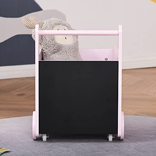 Qaba Kids' Storage Cabinet, Organizer for Books, Crafts, Rollable Toy Chest Safely Transport Bookshelf with Included Wheels, Clean Play Room, Pink