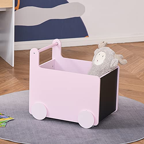 Qaba Kids' Storage Cabinet, Organizer for Books, Crafts, Rollable Toy Chest Safely Transport Bookshelf with Included Wheels, Clean Play Room, Pink