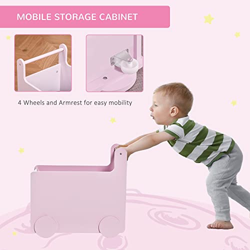 Qaba Kids' Storage Cabinet, Organizer for Books, Crafts, Rollable Toy Chest Safely Transport Bookshelf with Included Wheels, Clean Play Room, Pink