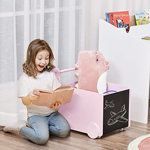 Qaba Kids' Storage Cabinet, Organizer for Books, Crafts, Rollable Toy Chest Safely Transport Bookshelf with Included Wheels, Clean Play Room, Pink