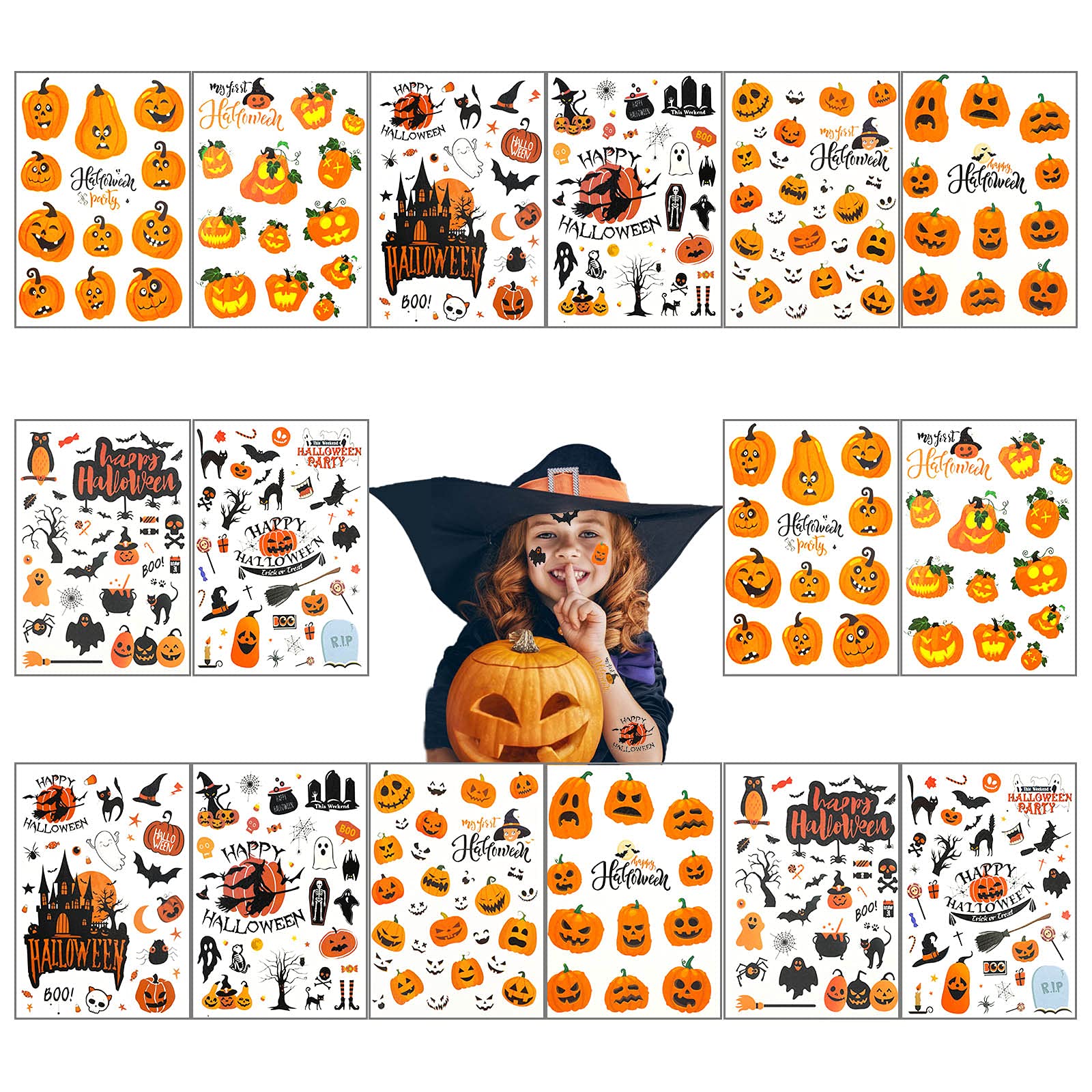 Whaline 270Pcs+ Halloween Temporary Tattoos 16 Sheet Waterproof Tattoo Stickers Pumpkin Witch Ghost Bat Tattoo Decals for Boy Girl Party Favors Trick or Treat Decoration Face Arm Body