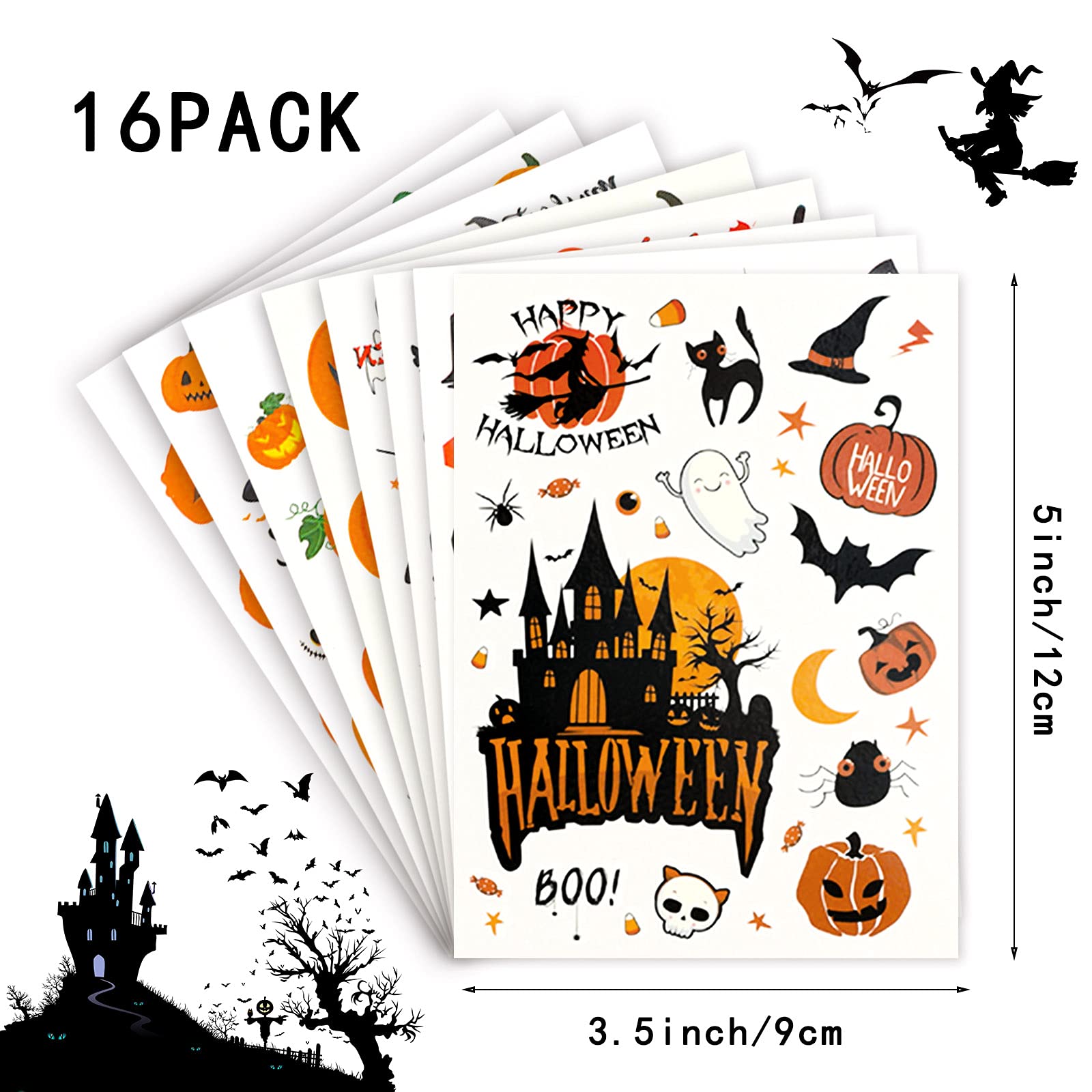 Whaline 270Pcs+ Halloween Temporary Tattoos 16 Sheet Waterproof Tattoo Stickers Pumpkin Witch Ghost Bat Tattoo Decals for Boy Girl Party Favors Trick or Treat Decoration Face Arm Body