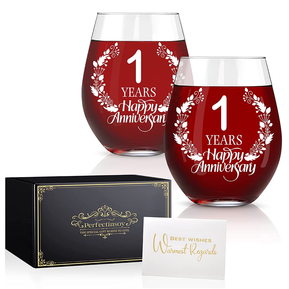 Perfectinsoy 1 Years Happy Anniversary Wine Glass Set of 2, 1th Anniversary Wedding Gift For Mom, Dad, Soulmate, Couple, Funny Vintage Unique Personalized, 1 Years Gifts, Happy First Anniversary