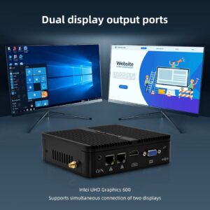 Fanless Mini PC Windows 11 pro, Celeron J4125, 4GB DDR4 RAM 256GB SSD, HD-MI, VGA, 4K Output, 2 RJ45 LAN, USB3.0, 2xRS232 COM, Dual Band WiFi AC, BT, Small Form Factor Computer, Auto Power On