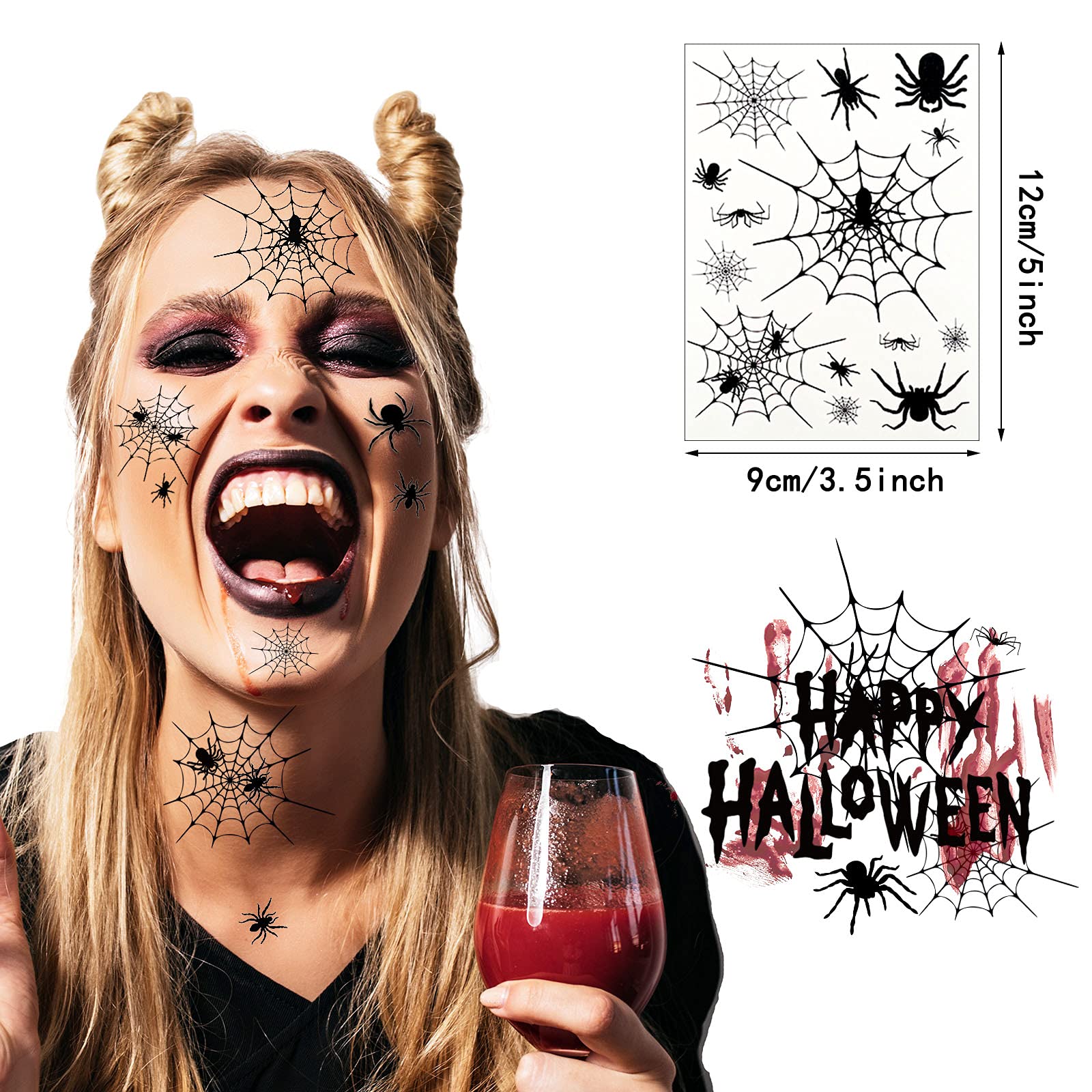 Whaline 250Pcs+ Halloween Temporary Tattoos 16 Sheet Waterproof Tattoo Stickers Black Gothic Spider Web Cat Witch Tattoo Decals for Boy Girl Trick or Treat Decoration Party Favors Arm Body Face