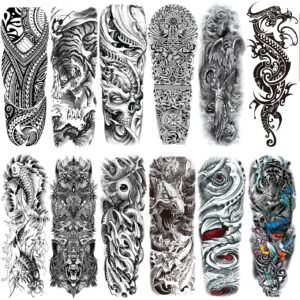 cuteliili full arm temporary tattoo for men,12sheets (l19“xw7”) sleeve tattoos temporary, fake tattoos that look real and last long，tiger dragon koi evil eyes