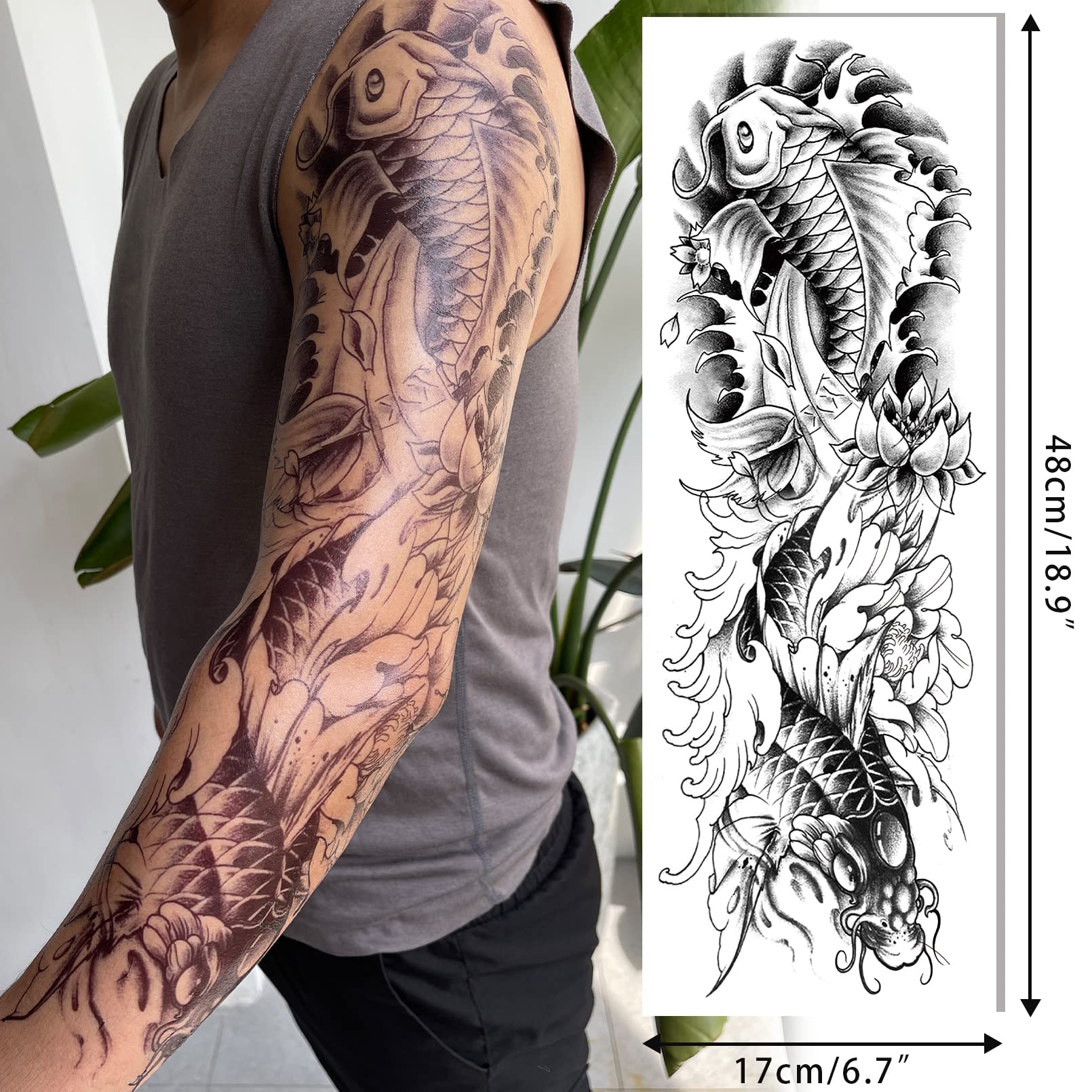 CUTELIILI Full arm temporary tattoo for Men,12sheets (L19“xW7”) Sleeve Tattoos temporary, Fake Tattoos That Look Real and Last long，Tiger Dragon Koi Evil Eyes