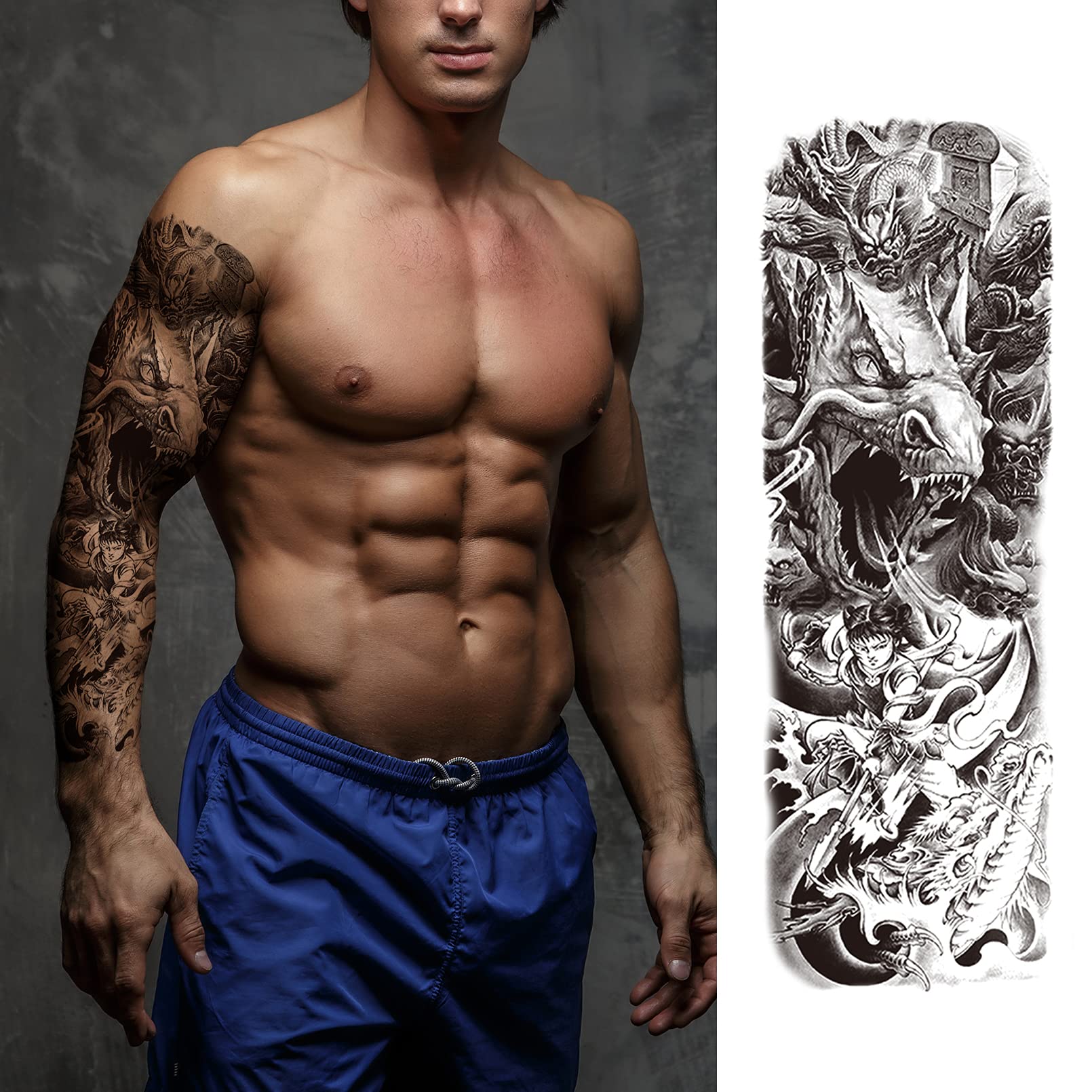 CUTELIILI Full arm temporary tattoo for Men,12sheets (L19“xW7”) Sleeve Tattoos temporary, Fake Tattoos That Look Real and Last long，Tiger Dragon Koi Evil Eyes