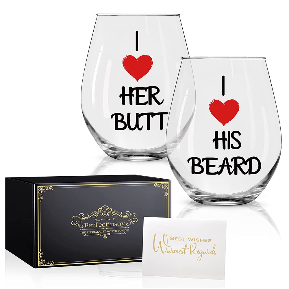 Perfectinsoy I Like His Beard, I Like Her Butt Wine Glass Set of 2, Wedding Gifts for Husband, Wife, Bride, Groom, Soulmate, His and Her Anniversary, Engagement Anniversary, Bridal Showers