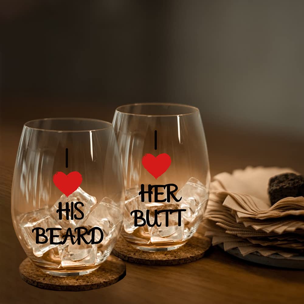 Perfectinsoy I Like His Beard, I Like Her Butt Wine Glass Set of 2, Wedding Gifts for Husband, Wife, Bride, Groom, Soulmate, His and Her Anniversary, Engagement Anniversary, Bridal Showers