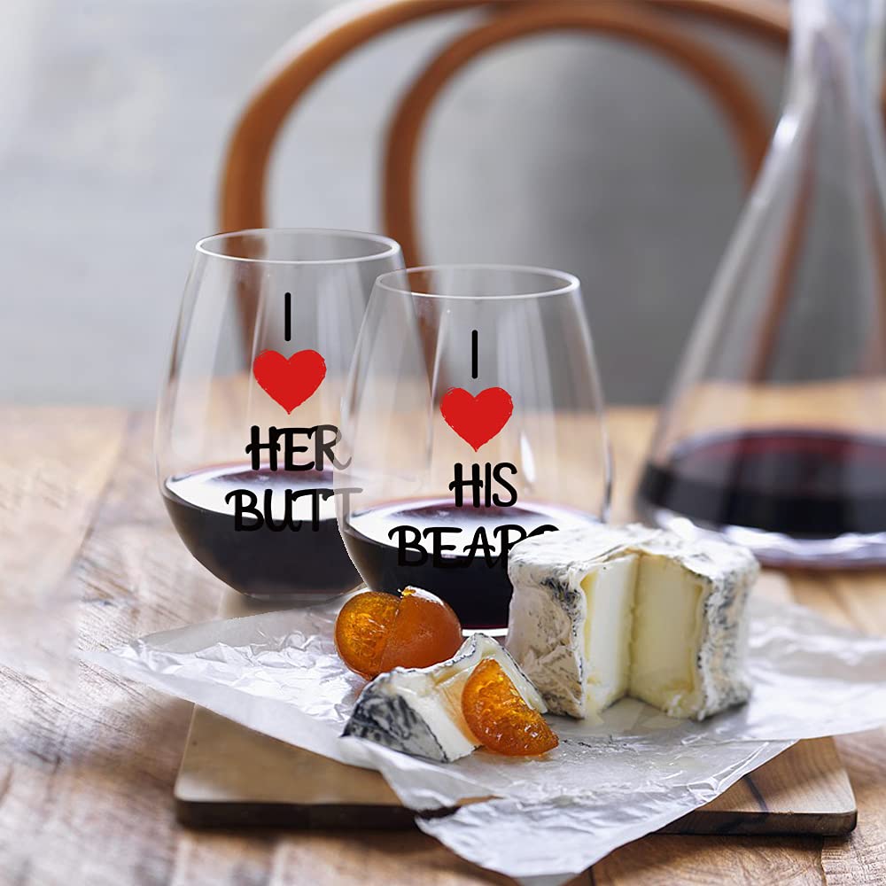 Perfectinsoy I Like His Beard, I Like Her Butt Wine Glass Set of 2, Wedding Gifts for Husband, Wife, Bride, Groom, Soulmate, His and Her Anniversary, Engagement Anniversary, Bridal Showers