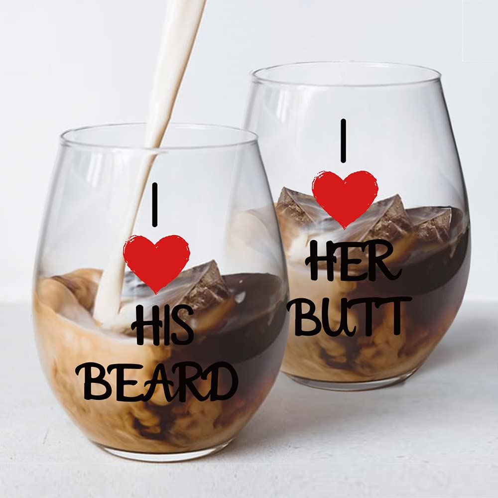 Perfectinsoy I Like His Beard, I Like Her Butt Wine Glass Set of 2, Wedding Gifts for Husband, Wife, Bride, Groom, Soulmate, His and Her Anniversary, Engagement Anniversary, Bridal Showers